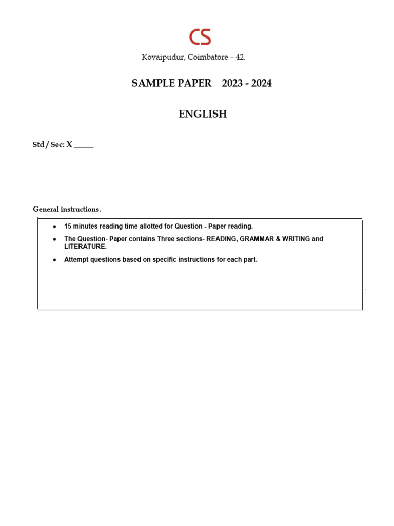 Sample Paper - Grade 10 English | PDF