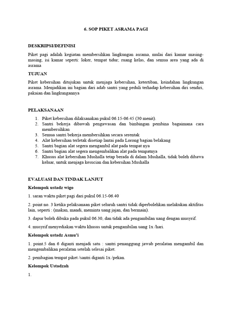 SOP Piket Asrama Pagi | PDF