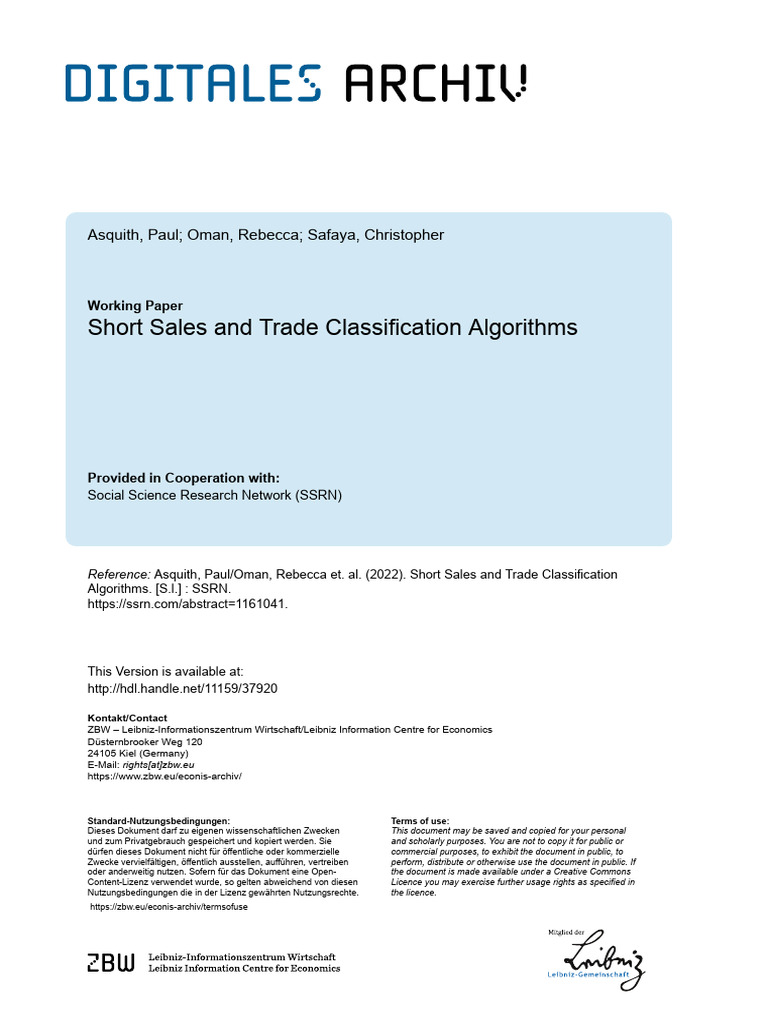 Short Sales and Trade Classification Algorithms | PDF | Short (Finance) | Stocks
