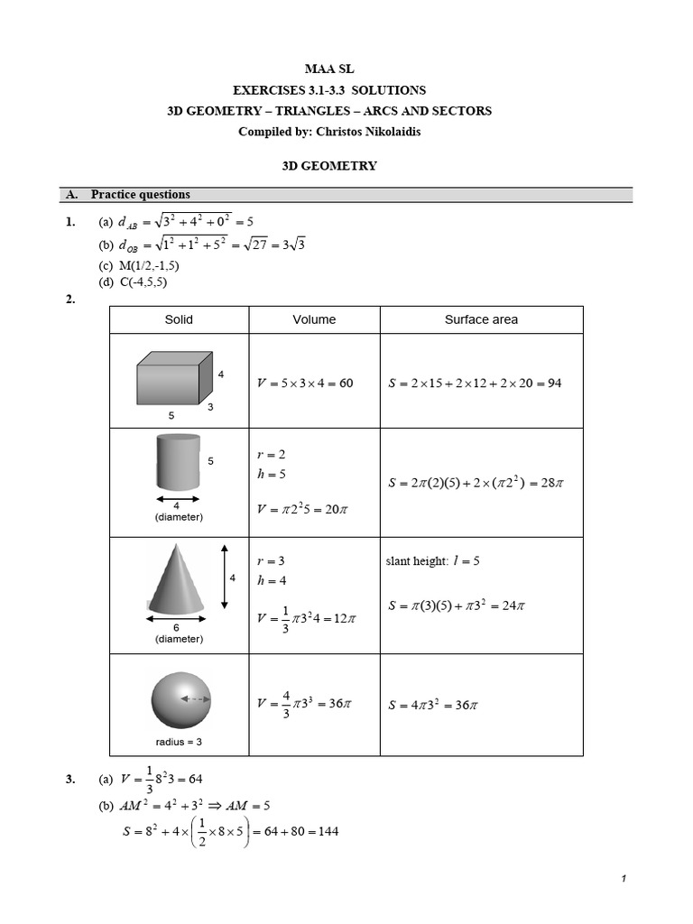 MAA SL 3.1-3.3 3D GEOMETRY - TRIANGLES - Solutions | PDF | Elementary Geometry | Complex Analysis