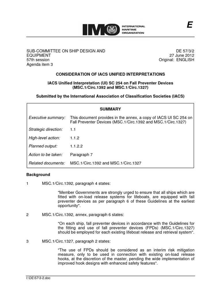 DE 57-3-2 - IACS Unified Interpretation (UI) SC 254 On Fall Preventer ...