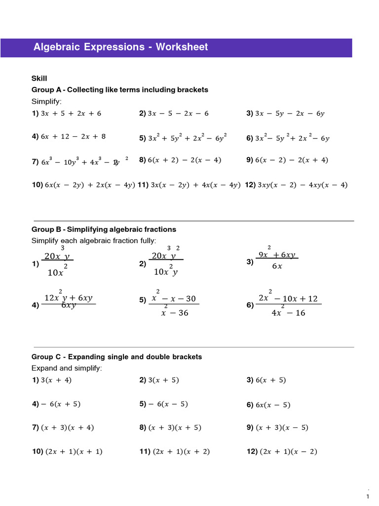 Third Space Learning Simplifying Algebraic Expressions GCSE Worksheet 1 ...