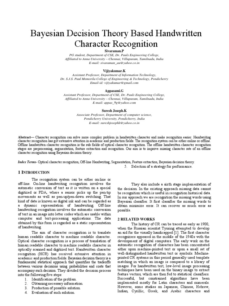 Bayesian Decision Theory Based Handwritten Character Recognition | PDF | Image Segmentation ...