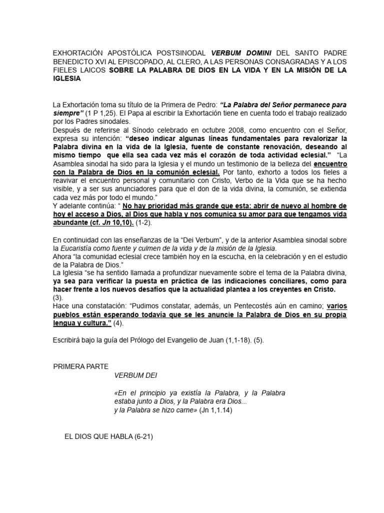 Verbum Domini Resumen Subrayado | PDF | Hermenéutica Bíblica | eucaristía