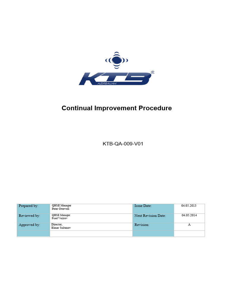 KTB-QA-009-V01 Continual Improvement Procedure | PDF