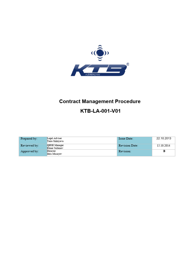 KTB-LA-001-V01 Contract Management Procedure | PDF | Quality Management | Value Added Tax