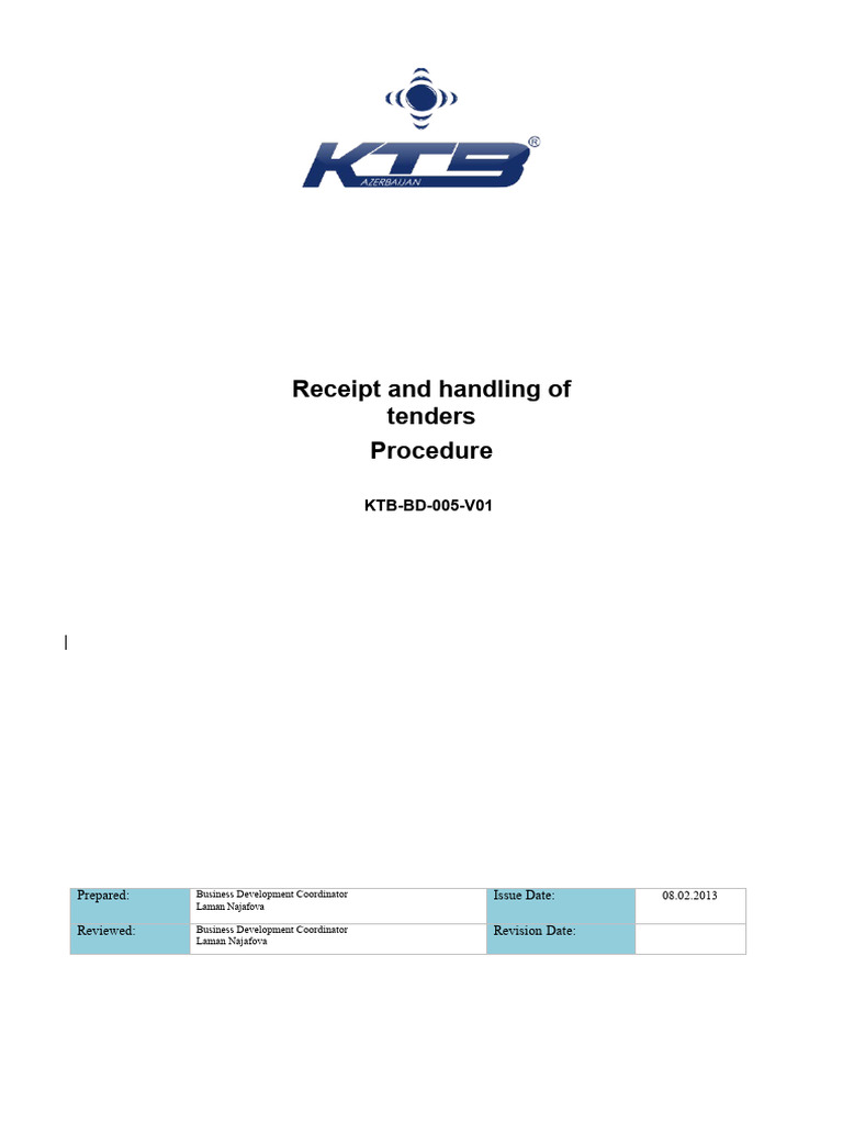 KTB-BD-005-V01 Tender Handling Procedure | PDF | Procurement | Business KTB-BD-005-V01 Tender Handling Procedure | PDF | Procurement | Business