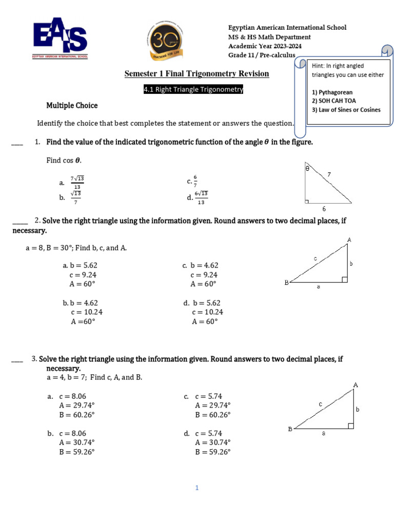 S1-Math11-Final Assesment Review Sheet | PDF | Trigonometric Functions ...