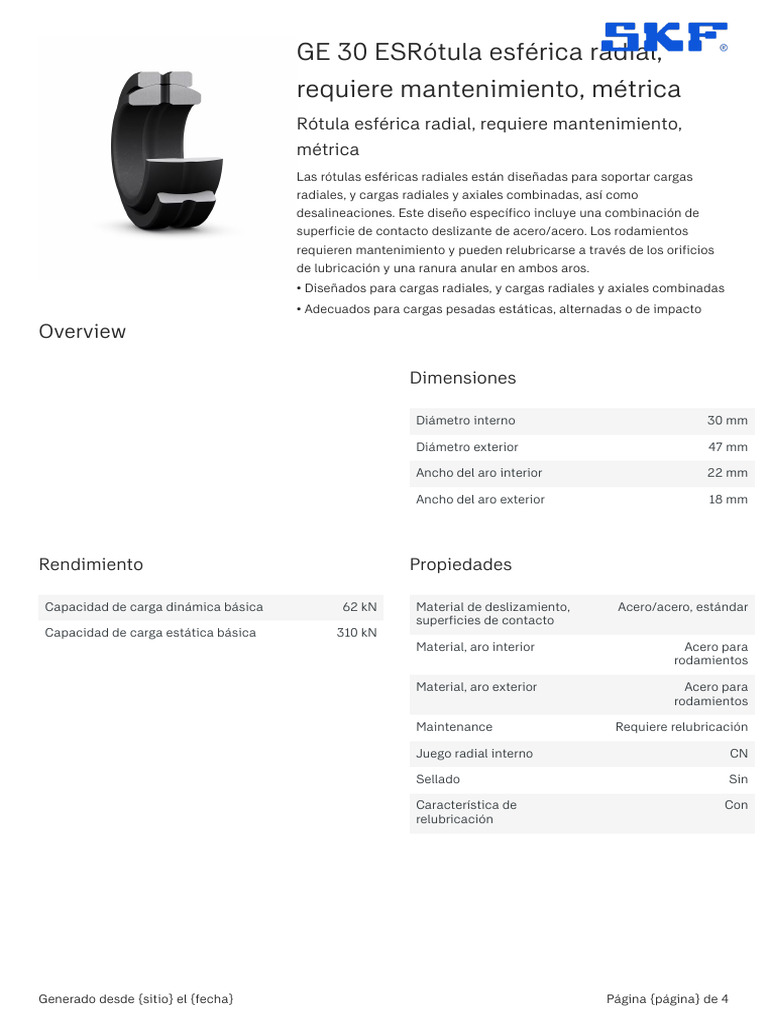 SKF GE 30 ESRótula Esférica Radial, Requiere Mantenimiento, Métrica Specification | PDF | Red ...