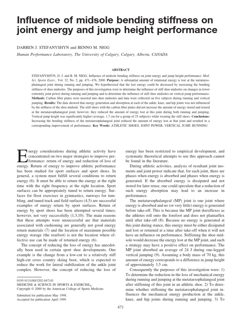 Influence of Midsole Bending Stiffness On Joint Energy and Jump Height Performance | PDF