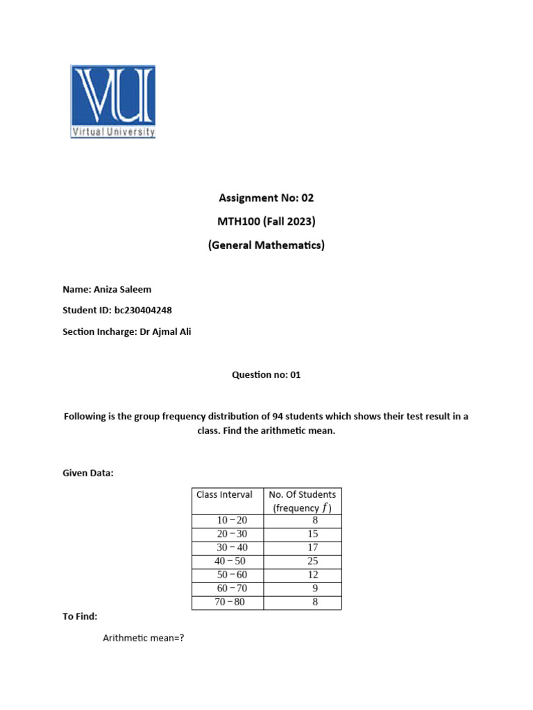 Assignment No.02 MTH100 (Fall2023) | PDF | Mathematics | Arithmetic