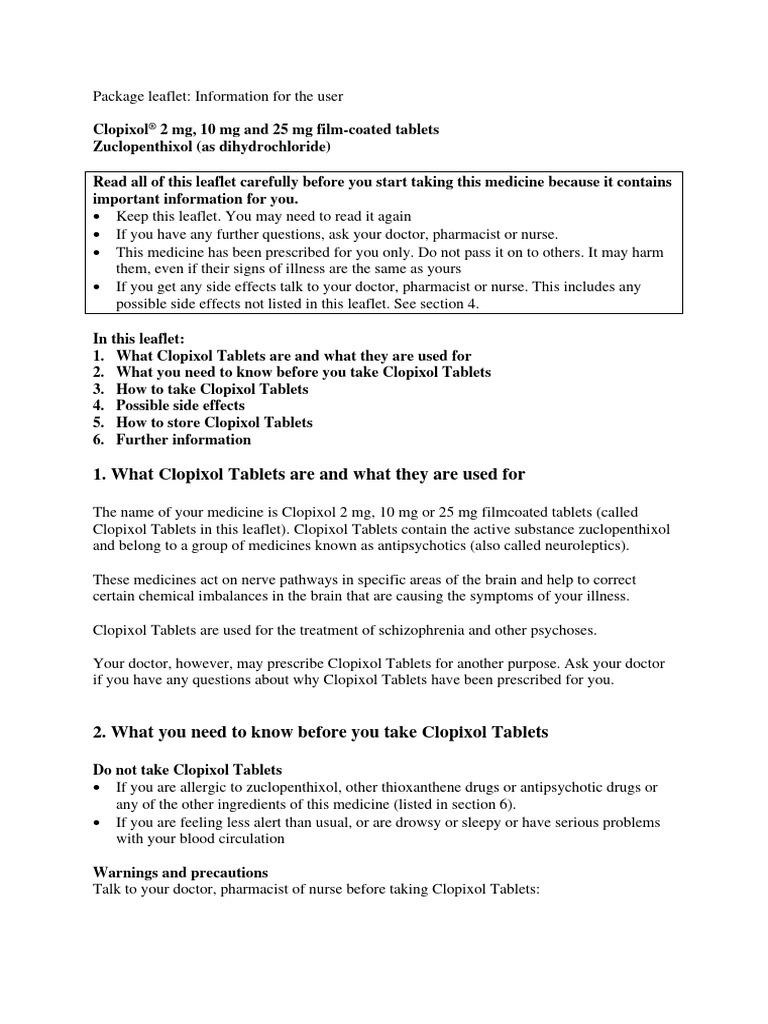 Clopixol Patient Information Leaflet 2mg 10mg 20mg From Mind Org | PDF ...