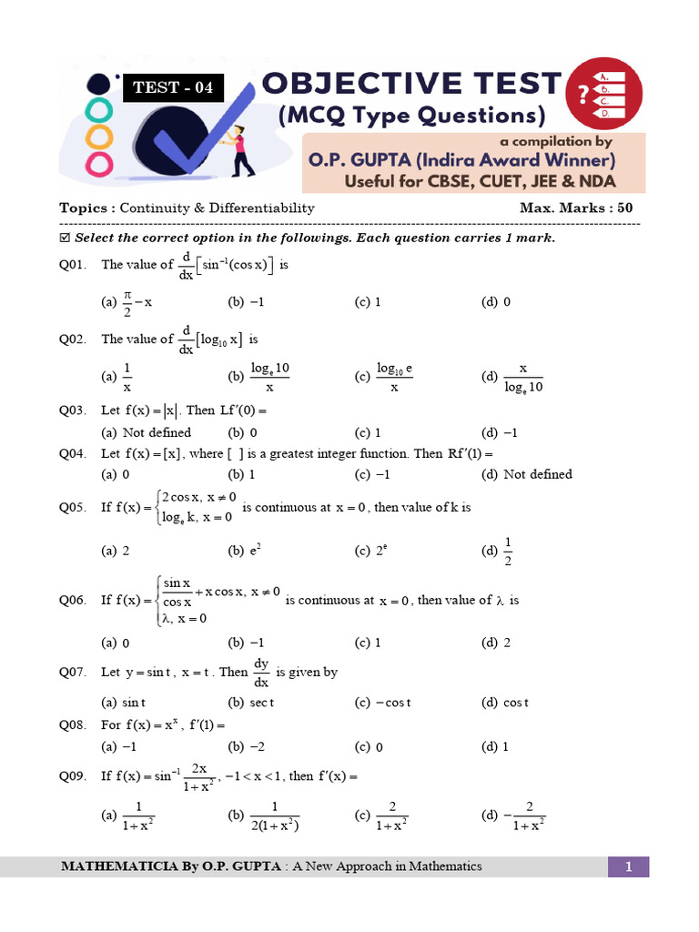 4 MCQ Continuity Differentiability | PDF | Function (Mathematics) | Mathematics