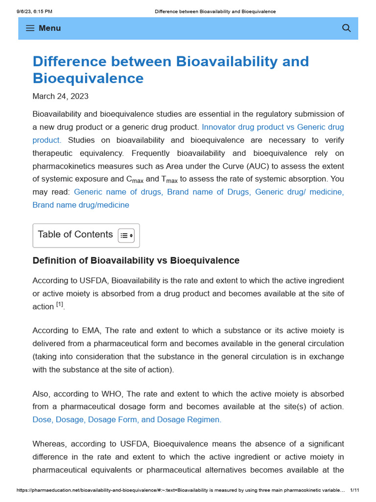 Difference Between Bioavailability and Bioequivalence | Download Free PDF | Bioavailability ...