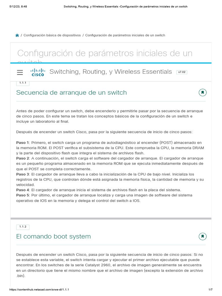 Switching, Routing, y Wireless Essentials - Configuración de Parámetros Iniciales de Un Switch ...