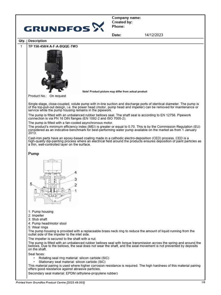 TP 1504504 Afabqqetw3 CHWP | PDF | Pump | Electric Motor