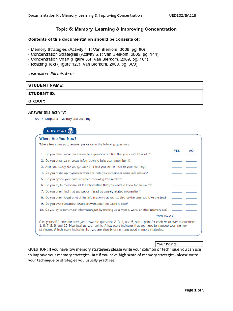 UED102 Memory, Learning - Concentration Student Documentation | PDF