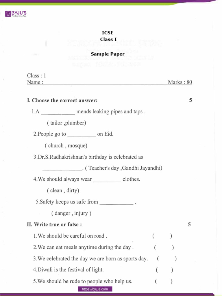 ICSE Class 1 Social Science Sample Paper | PDF