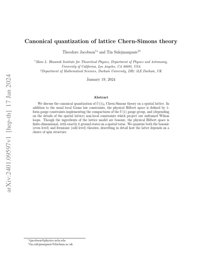 Canonical Quantization of Lattice Chern-Simons Theory: Theodore Jacobson and Tin Sulejmanpasic | PDF