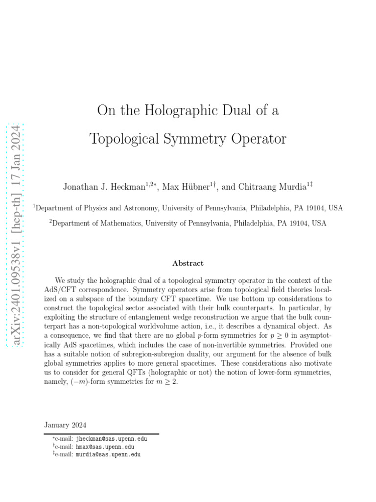On The Holographic Dual of A Topological Symmetry Operator: Jonathan J ...