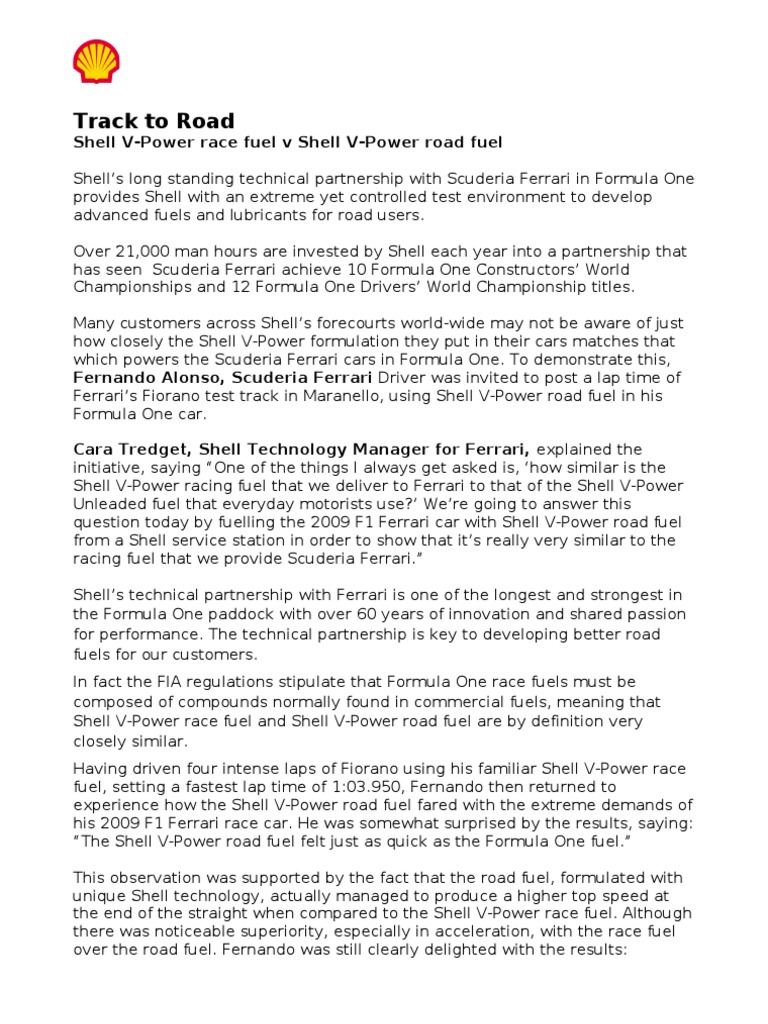 Shell V-Power Race Fuel V Shell V-Power Road Fuel | PDF | Formula One ...