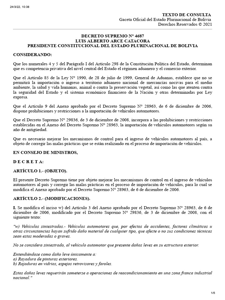 Decreto Supremo N°4687 | PDF | aduana | Gobierno