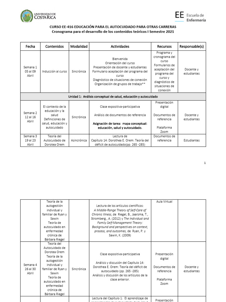 EE 0416 Cronograma Autocuidado 2021 | PDF