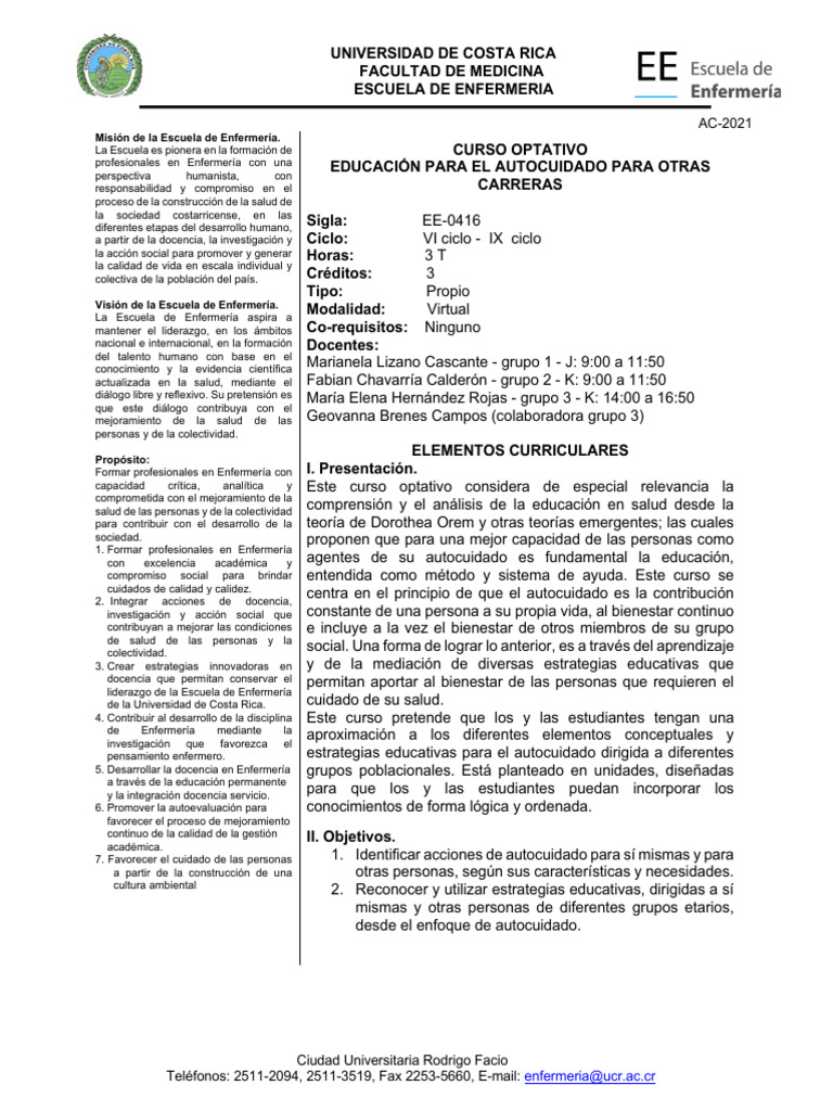 EE 0416 Programa Autocuidado 2021 | PDF | Enfermería | Enseñando