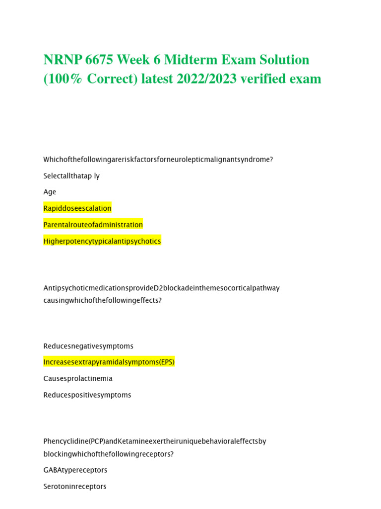 NRNP 6675 Week 6 Midterm Exam Solutions 100 Correct | PDF | Symptoms And Signs | Mental Health