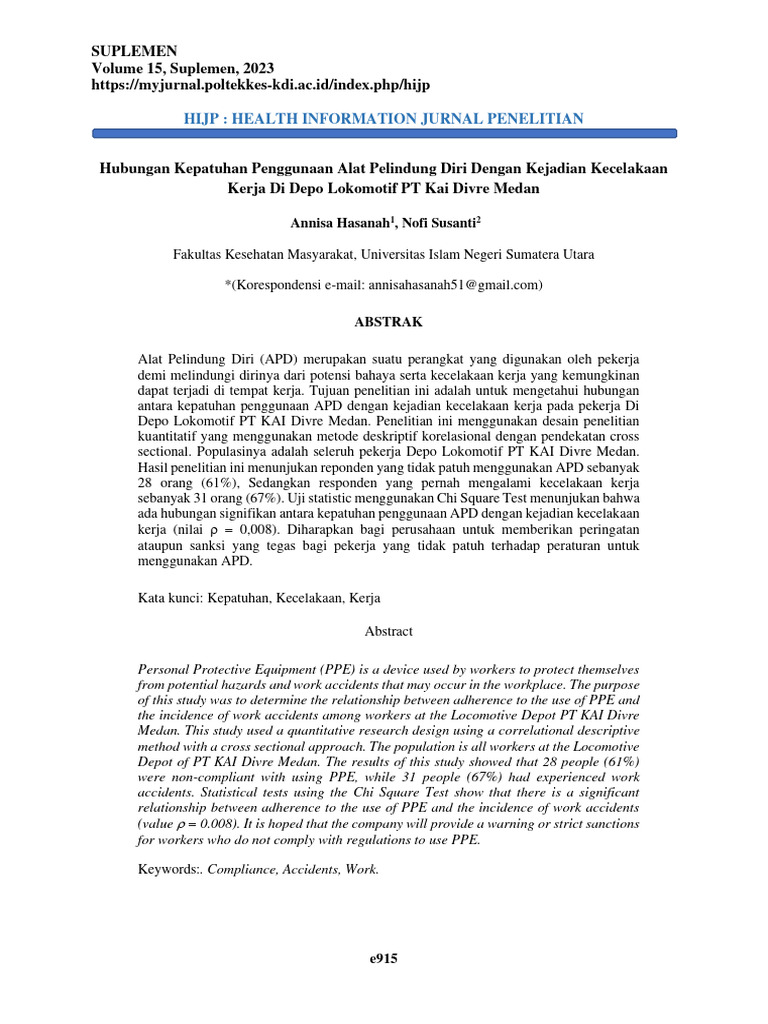 Hub Kepatuhan Penggunaan Alat Pelindung Diri Dengan Kejadian Kecelakaan Kerja Di Depo Lokomotif ...