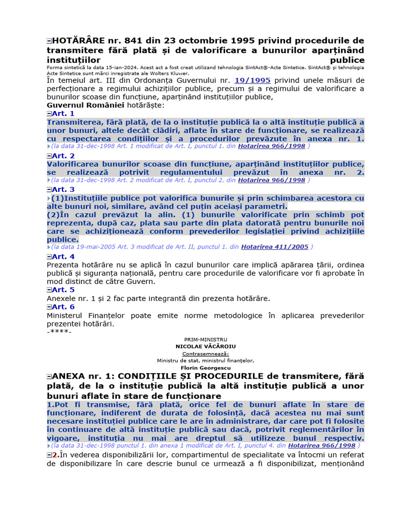 HG 841-1995 Valorificare Bunurilor IP Actuzalizat 2024 | PDF