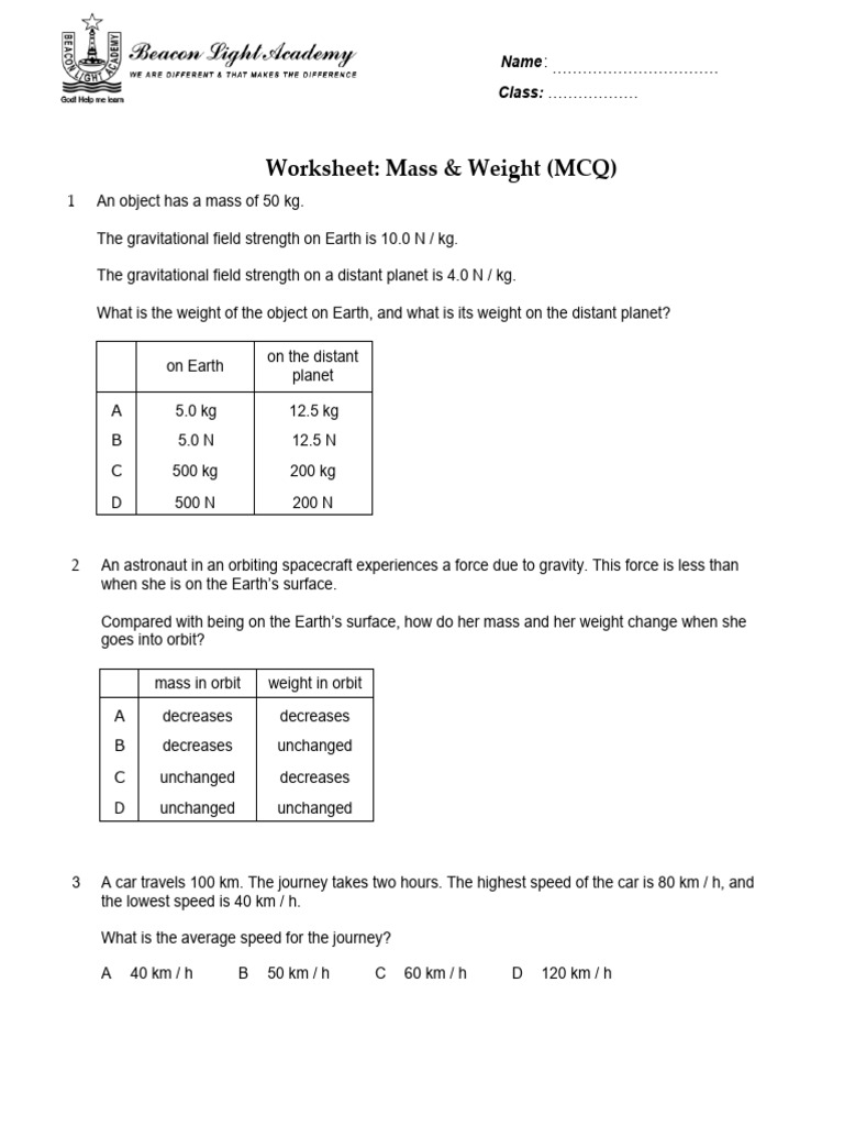 Worksheet: Mass & Weight (MCQ) : Name | PDF | Weight | Mass