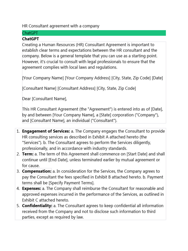HR Consultant Agreement With A Company | PDF | Employment | Consultant
