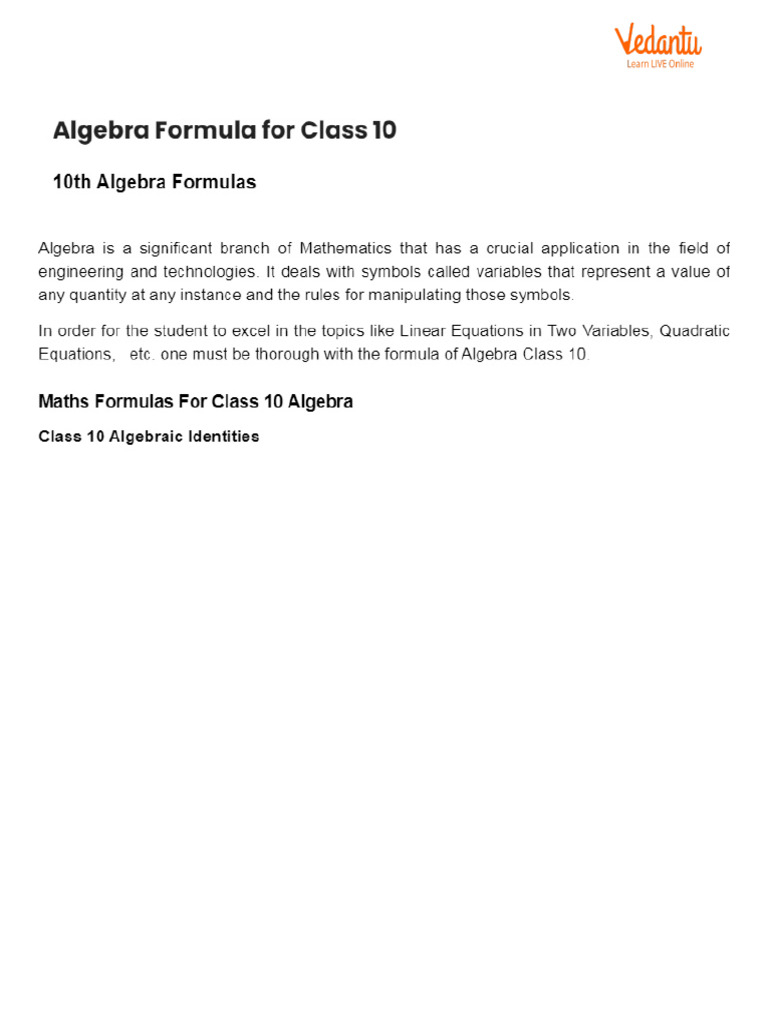 Algebra Formula for Class 10 | PDF