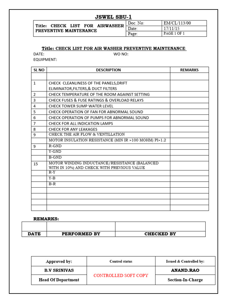 113 - Check List For Air Washer & Ventillation System | PDF