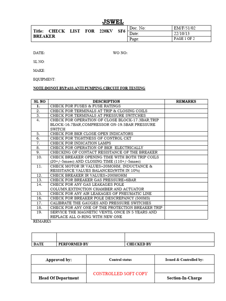 220kV SF6 Breaker Maintenance Checklist | PDF | Switch | Electrical ...