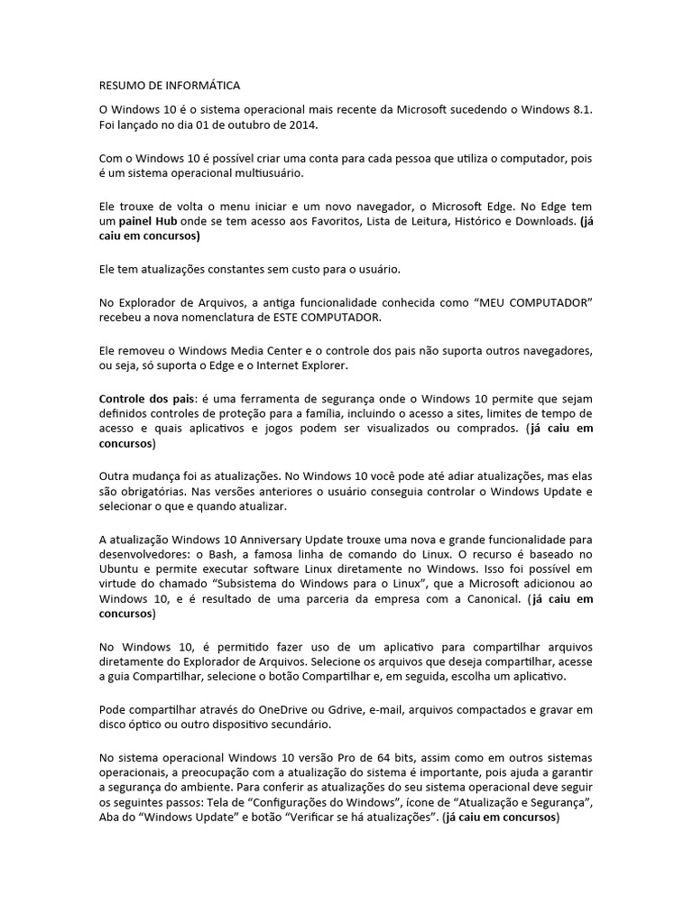 Resumo de Informática | PDF | Windows 10 | Microsoft Windows