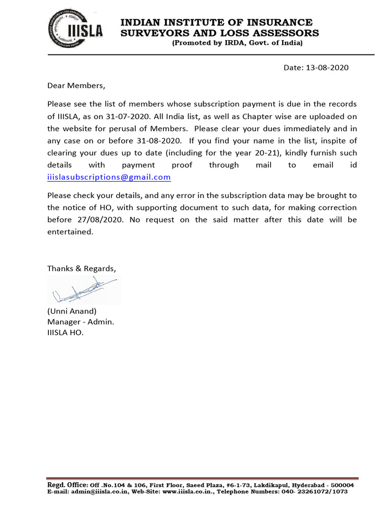 Notice Sub Dues 13 08 2020 | PDF