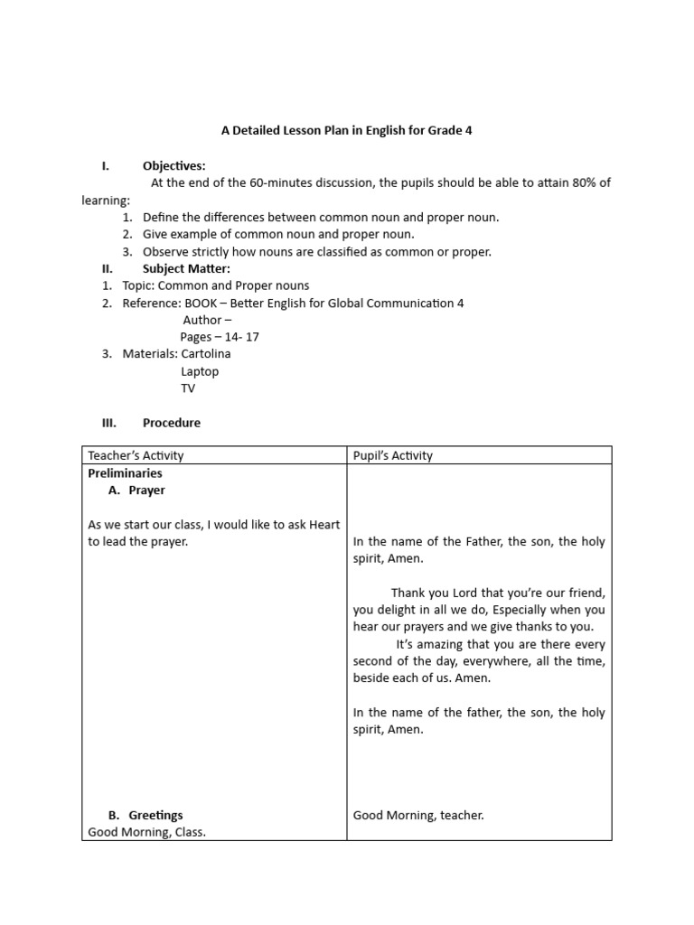 A Detailed Lesson Plan in English For Grade 4 | PDF | Lesson Plan ...