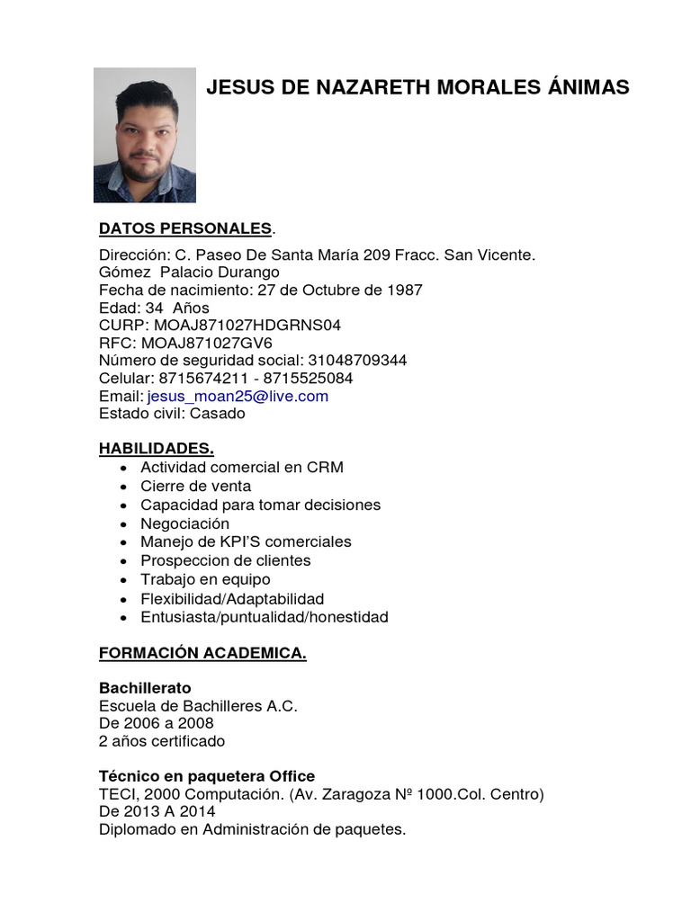 CV Jesus de Nazareth Morales Á Nim As | PDF