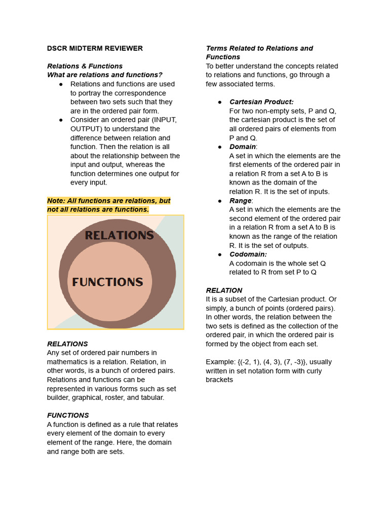 DSCR Midterm Reviewer | PDF | Function (Mathematics) | Set (Mathematics)