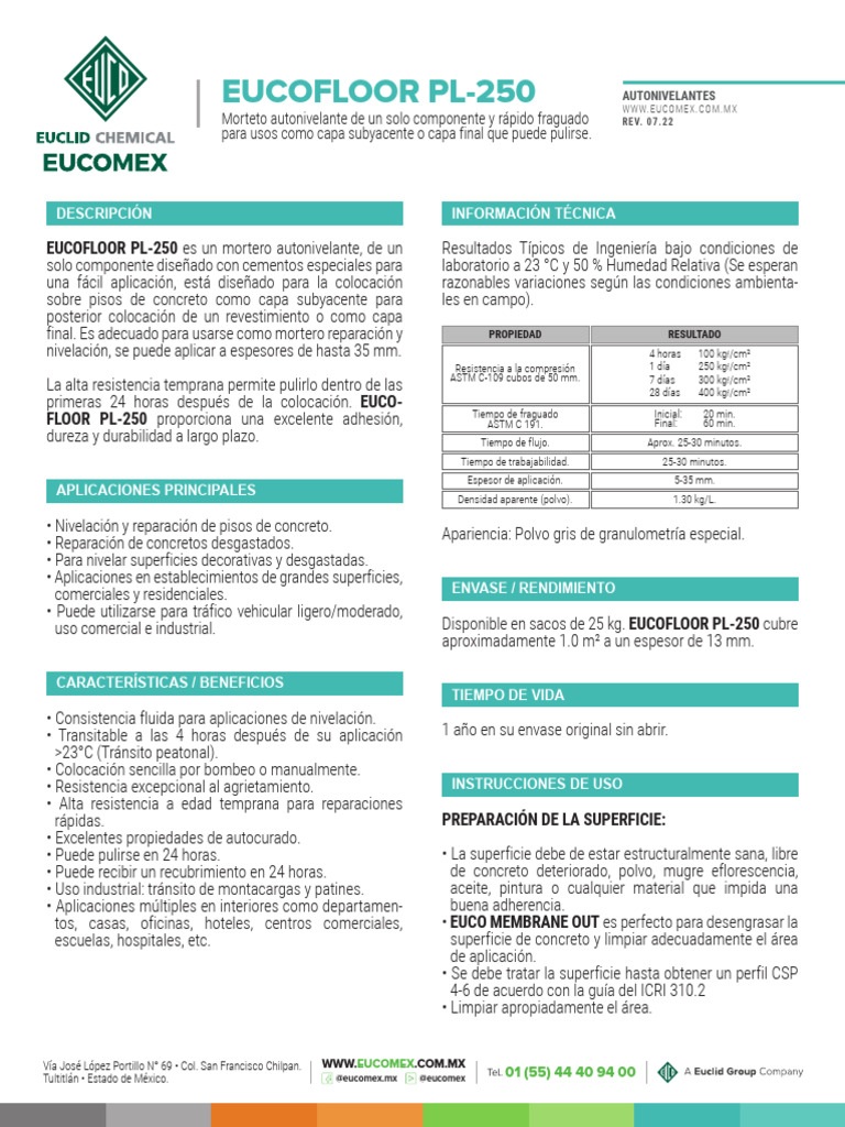 Eucofloor - PL-250 FT | PDF | Hormigón | Agua