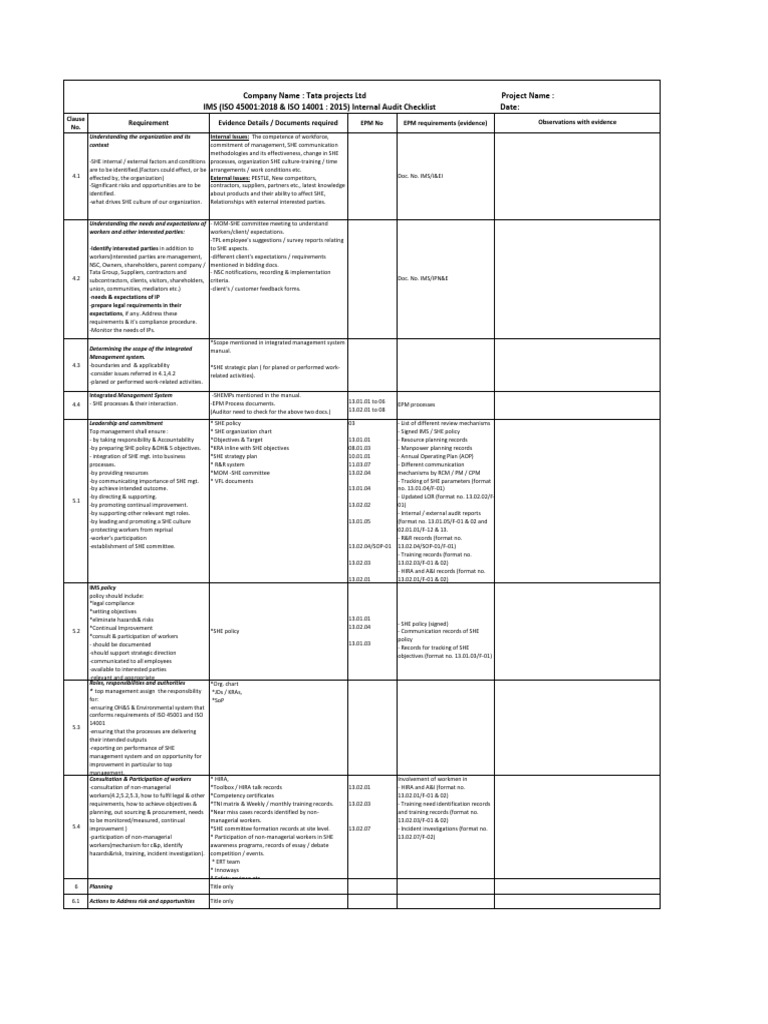 ISO 45001 & 14001 Audit Checklist | PDF | Audit | Risk