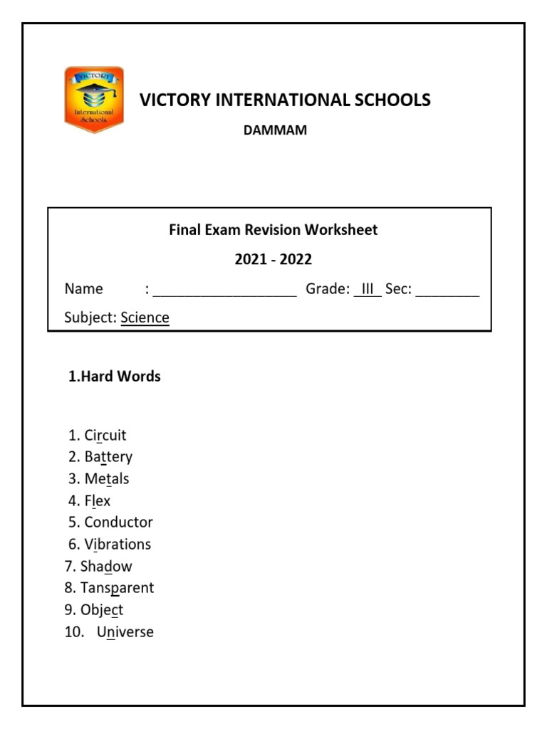 Science Final Revision Worksheet Answer Key | PDF | Planets | Moon