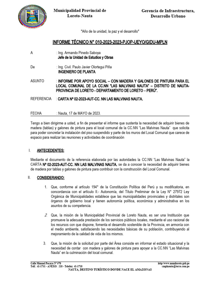 Informe Tecnico Nº006 Local Comunal de La JJ - VV 28 de Diciembre ...
