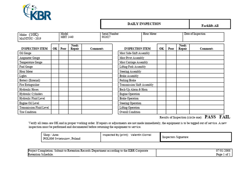 Daily Inspection MHE 10K | PDF | Motor Vehicle | Manufactured Goods