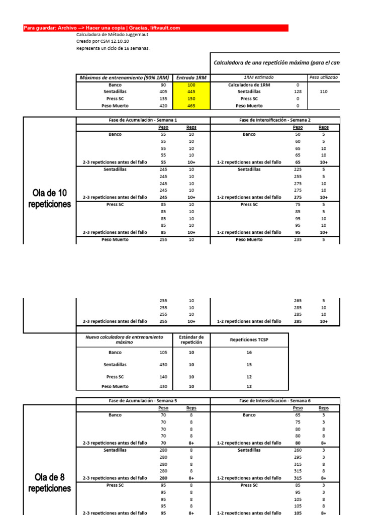 Hoja de Calculo de La Plantilla Base Del Metodo Juggernaut | PDF | Codo | Sistema musculoesquelético