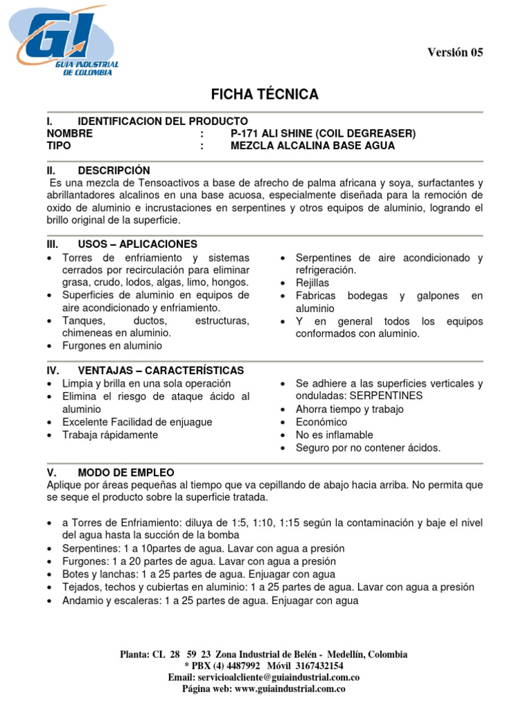 Ficha Técnica P-171 Ali Shine | PDF | Agua | Aluminio