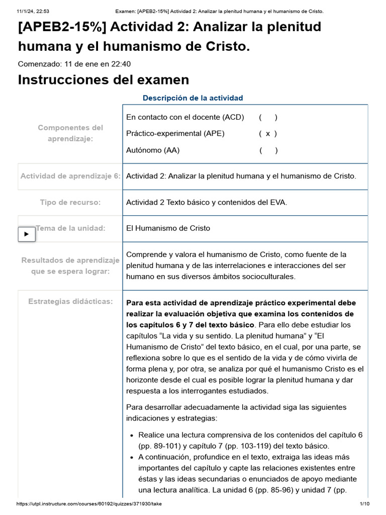 Examen - (APEB2-15%) Actividad 2 - Analizar La Plenitud Humana y El Humanismo de Cristo | PDF ...