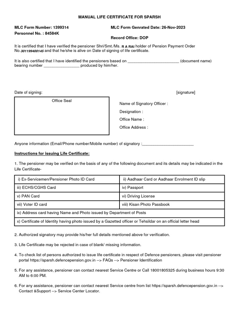 Manual Life Certificate for Sparsh | PDF | Identity Document | Signature